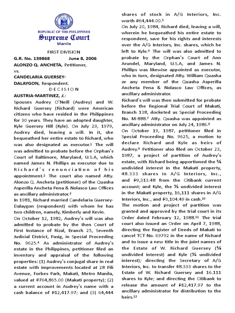 7.) Ancheta vs. Guersey-Dalaygon | PDF | Will And Testament | Trust Law