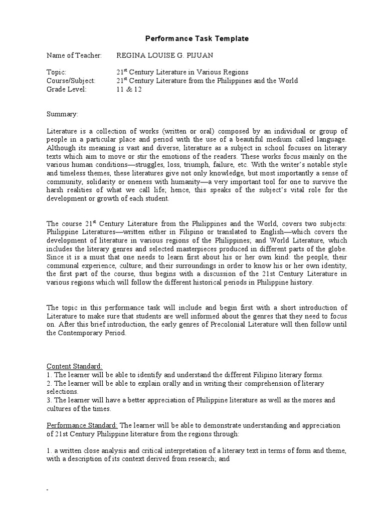 Performance-Task-21st Century Lit 1st WK | PDF | Rubric (Academic) | Teachers