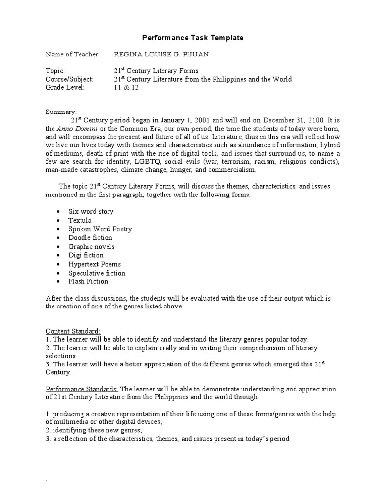 Performance-Task-21st Century Lit 3rd WK | PDF | Rubric (Academic) | Teachers