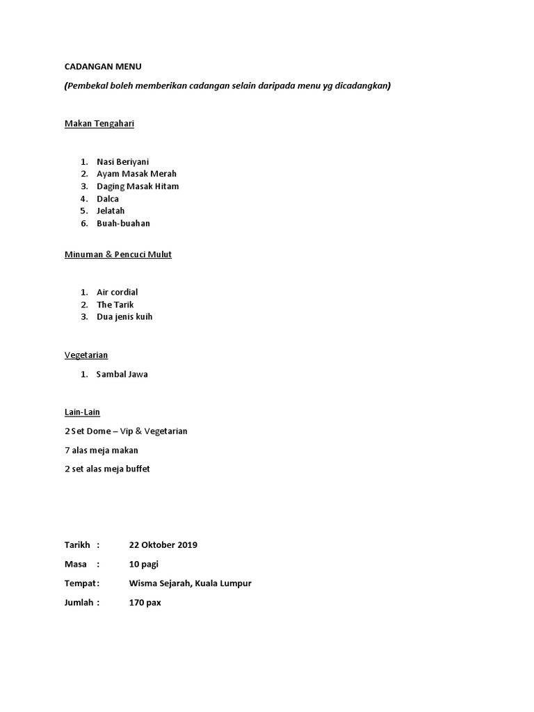 Cadangan Menu Majlis Persaraan 2019 | PDF