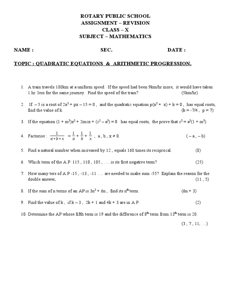 Class 10 Math: Quadratic Equations & AP | PDF
