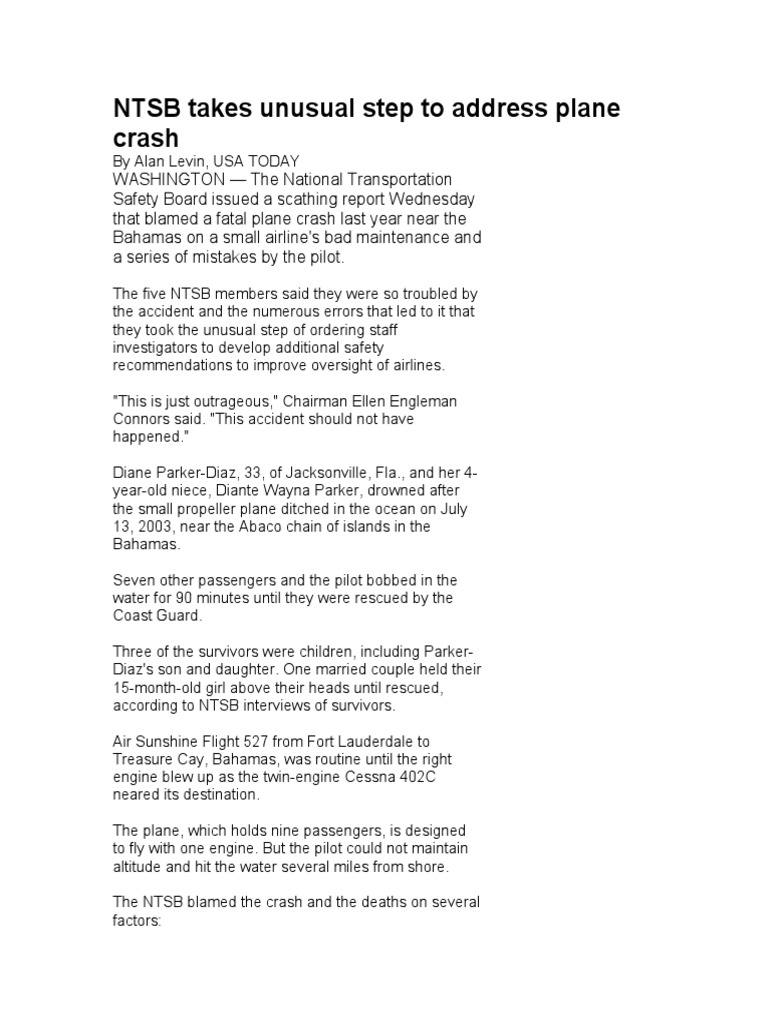 NTSB Takes Unusual Step To Address Plane Crash | PDF | National ...