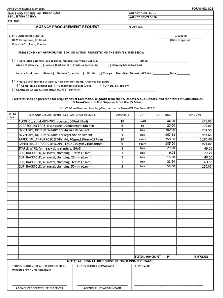 Agency Procurement Request: Please Check ( ) Appropriate Box On Action ...