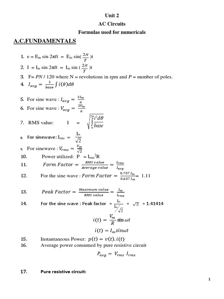 A.C.Fundamentals: Unit 2 AC Circuits Formulas Used For Numericals | PDF ...