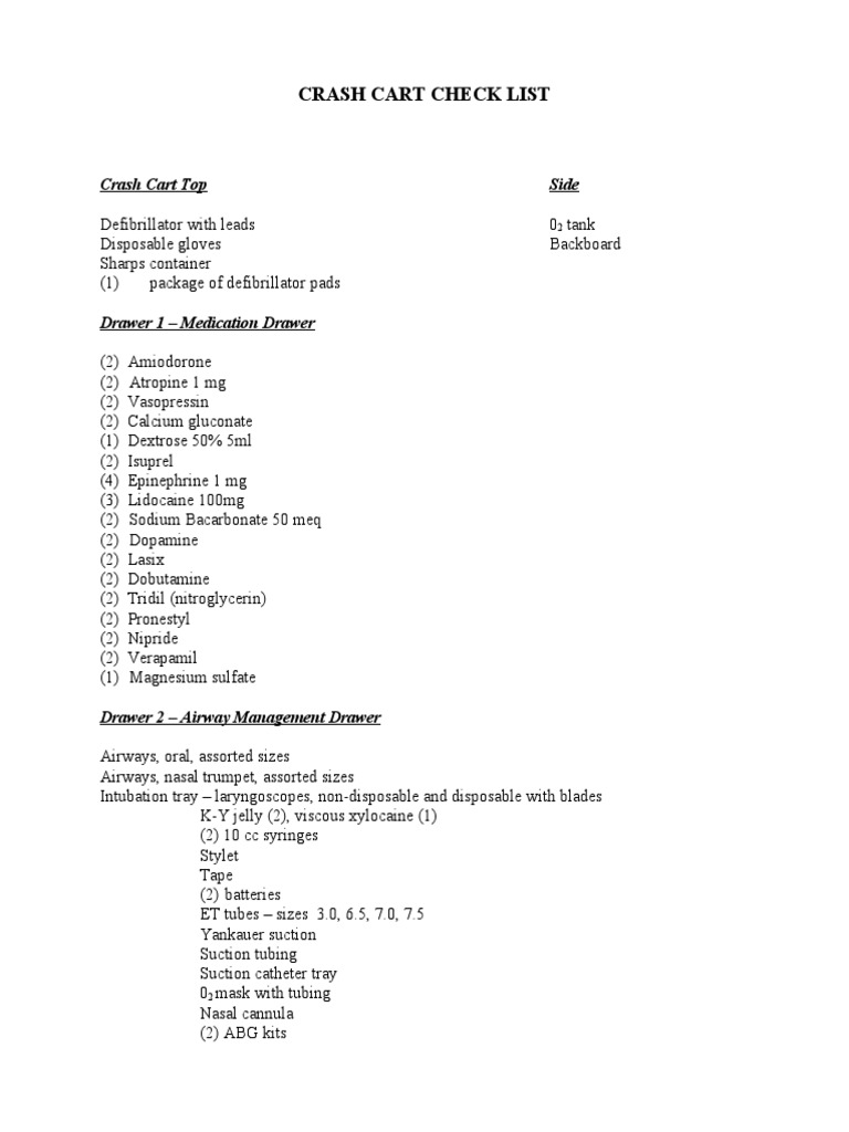 Crash Cart Medication and Equipment List | PDF | Syringe | Catheter