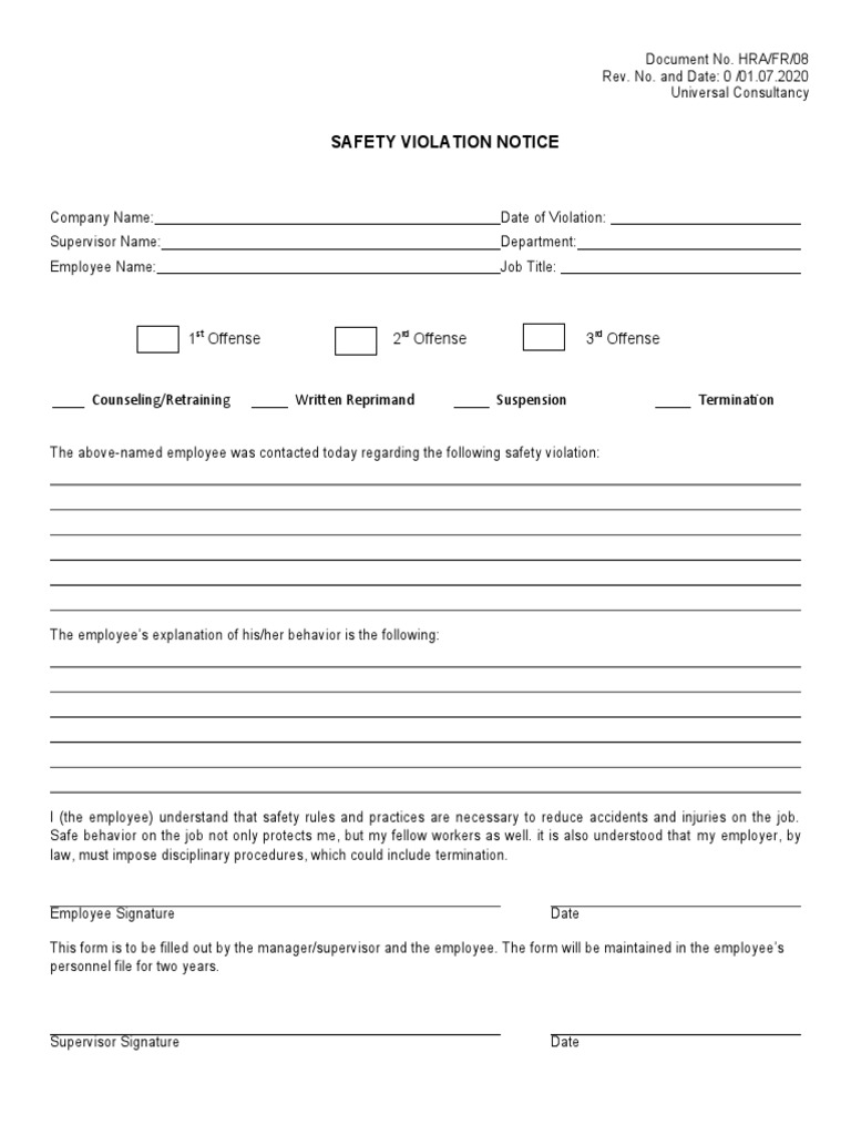 Safety Violation Notice Template | PDF | Business | Law