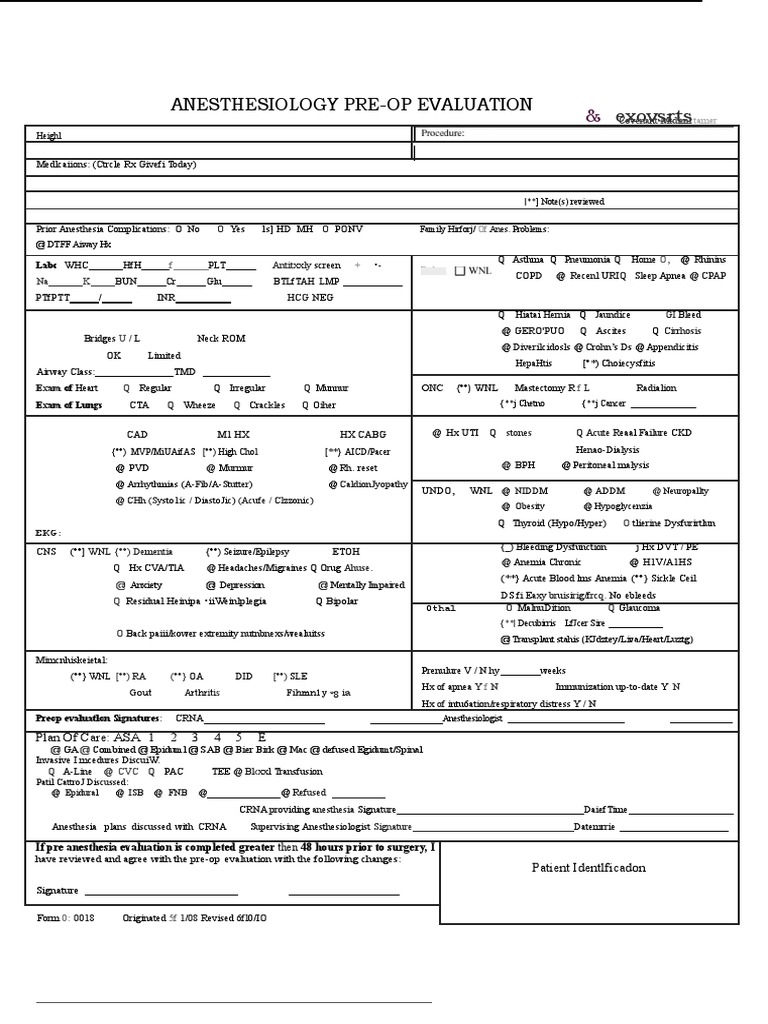 Pre-Operative Anesthesiology Evaluation Form: Collecting Patient ...