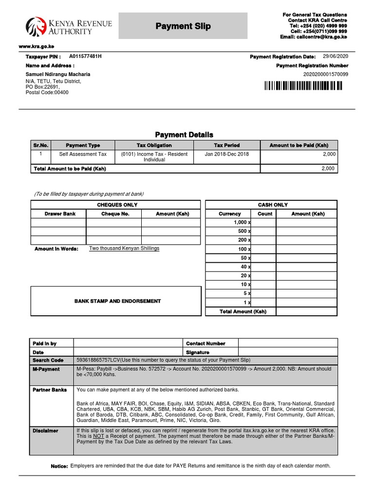KRA Payment Slip for Income Tax | PDF | Payments | Cheque