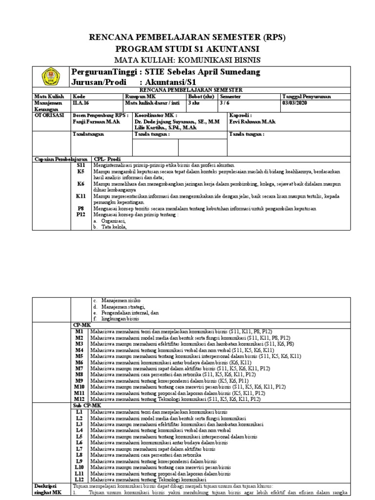 RPS KKNI Komunikasi Bisnis | PDF