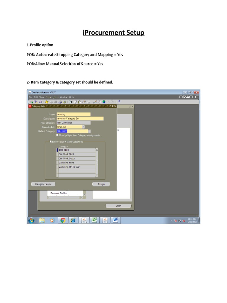 Iprocurement Setup: Por: Autocreate Shopping Category and Mapping Yes Por:Allow Manual Selection ...