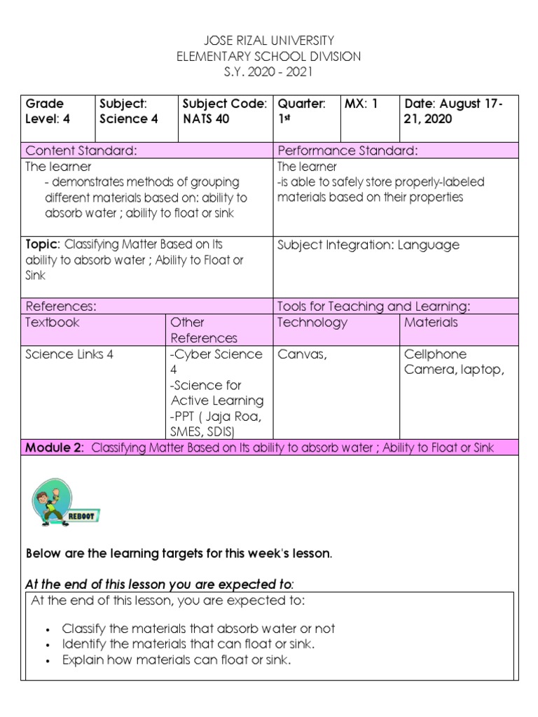 EB Science 4 Module Week 2 | PDF | Matter | Learning