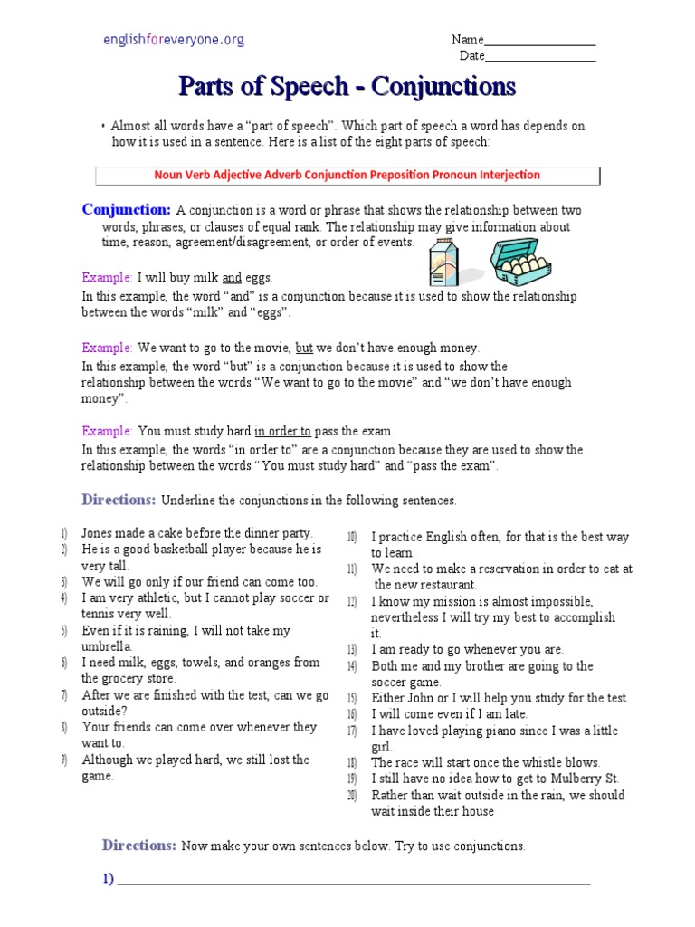 Parts of Speech - Conjunctions | PDF | Part Of Speech | Linguistic ...