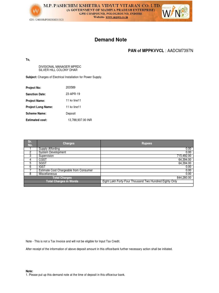 Demand Note: Pan of MPPKVVCL: Aadcm7397N | PDF