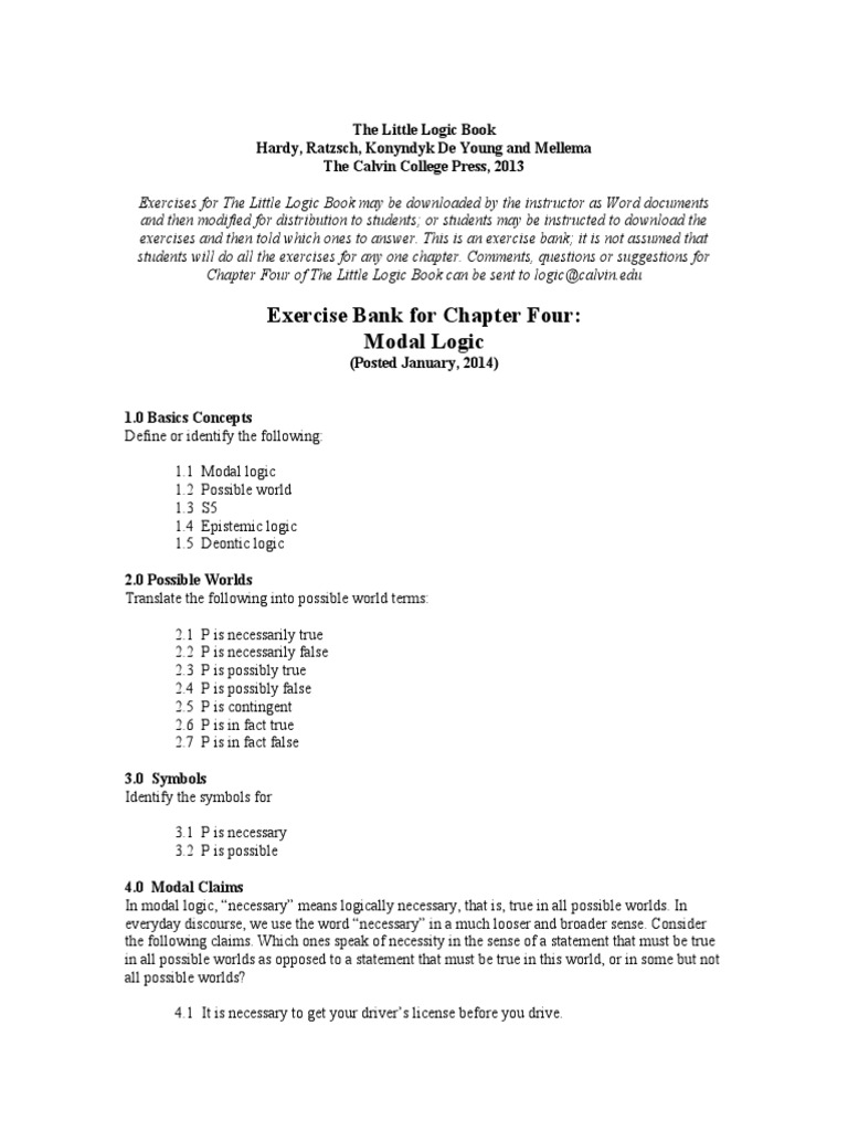 Exercise Bank For Chapter Four: Modal Logic | PDF | Modal Logic ...
