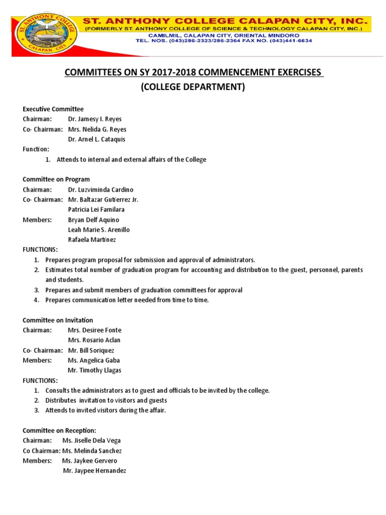Committees On Sy 2017-2018 Commencement Exercises (College Department ...