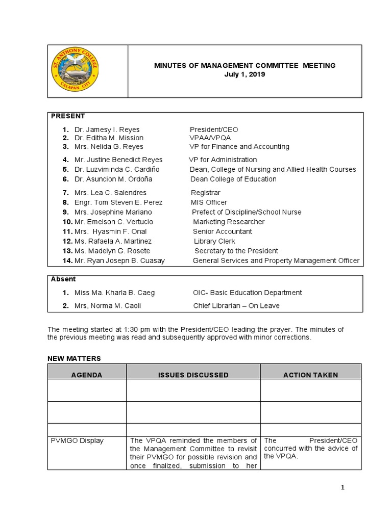 Minutes of The Meeting First Meeting | PDF | Business