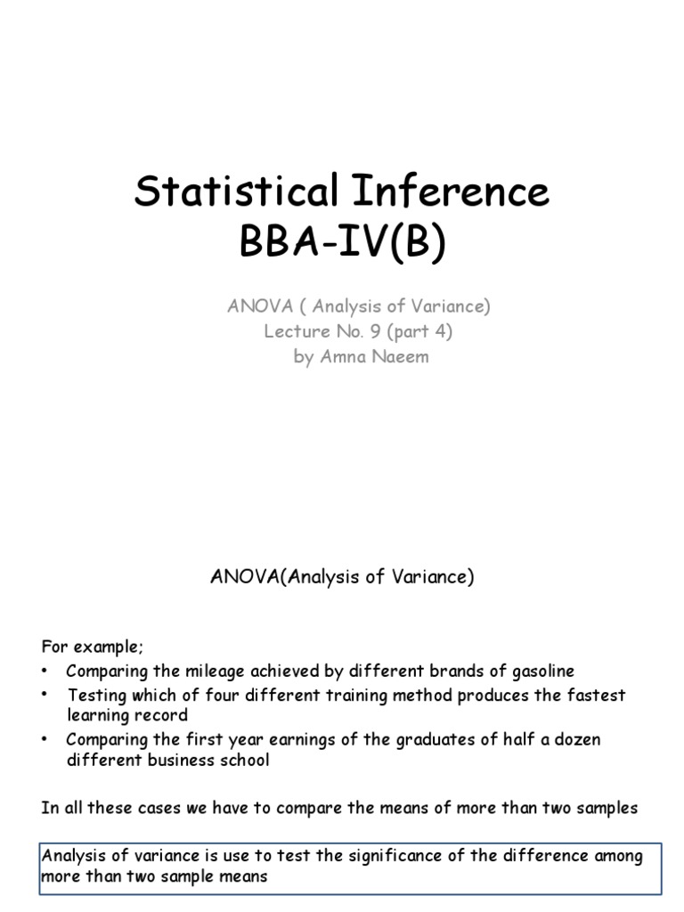 Statistical Inference BBA-IV (B) : ANOVA (Analysis of Variance) Lecture ...