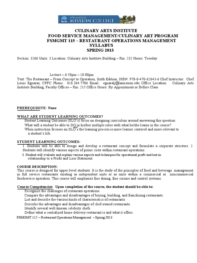 Culinary Arts Institute Food Service Management/Culinary Art Program ...
