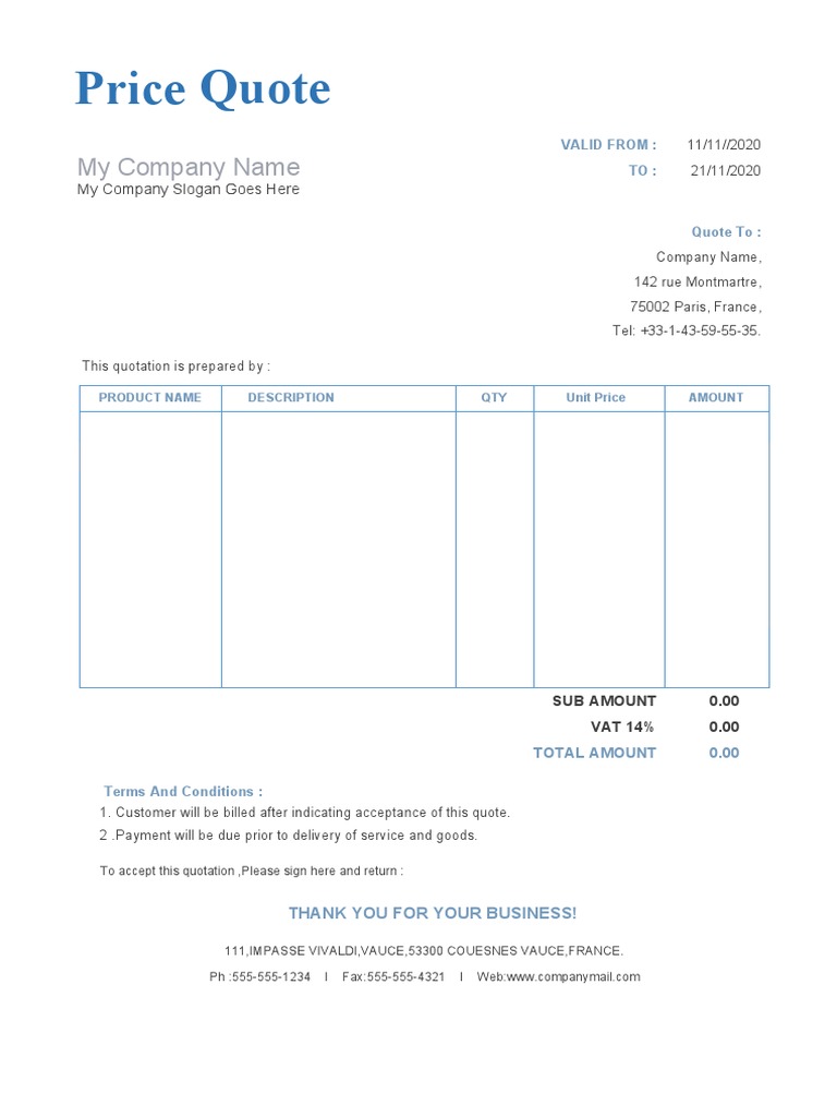 Price Quote: My Company Name | Download Free PDF | Business | Payments