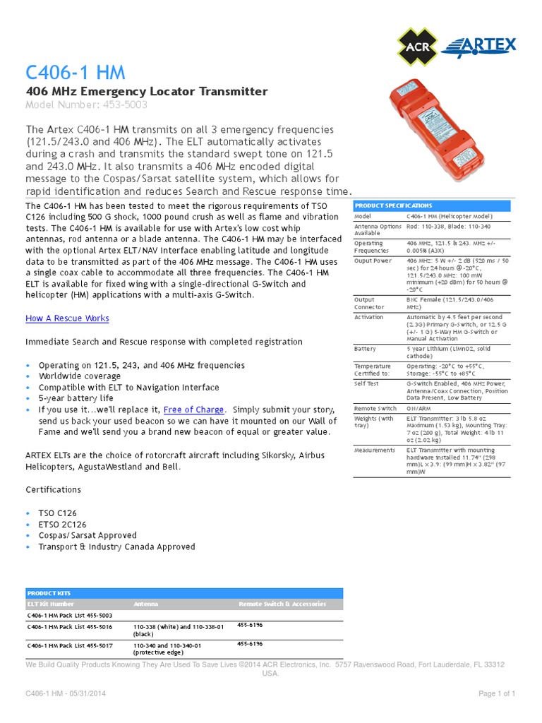 406 MHZ Emergency Locator Transmitter: Model Number: 453-5003 | PDF ...