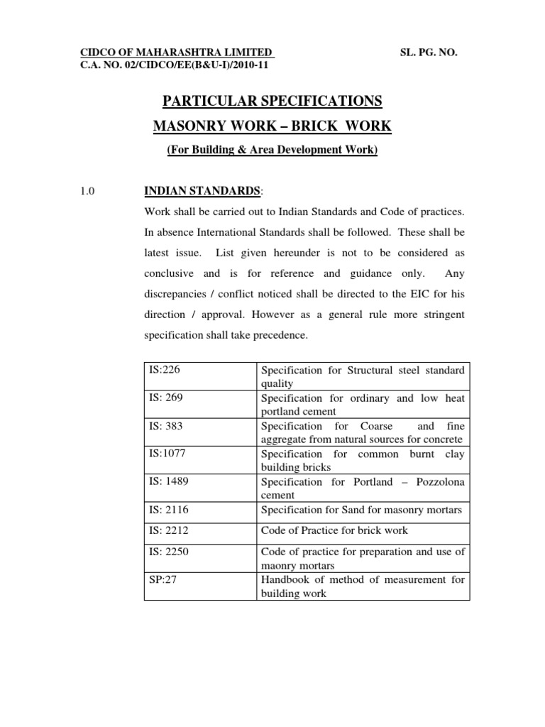 Brick Work Specifications for CIDCO Projects | PDF | Masonry | Brick