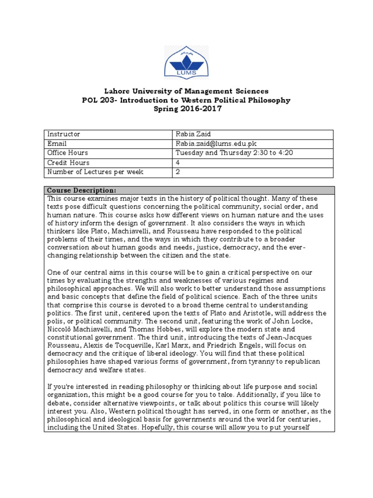 POL 203-Western Political Philosophy-Rabia Zaid | PDF | Niccolò ...