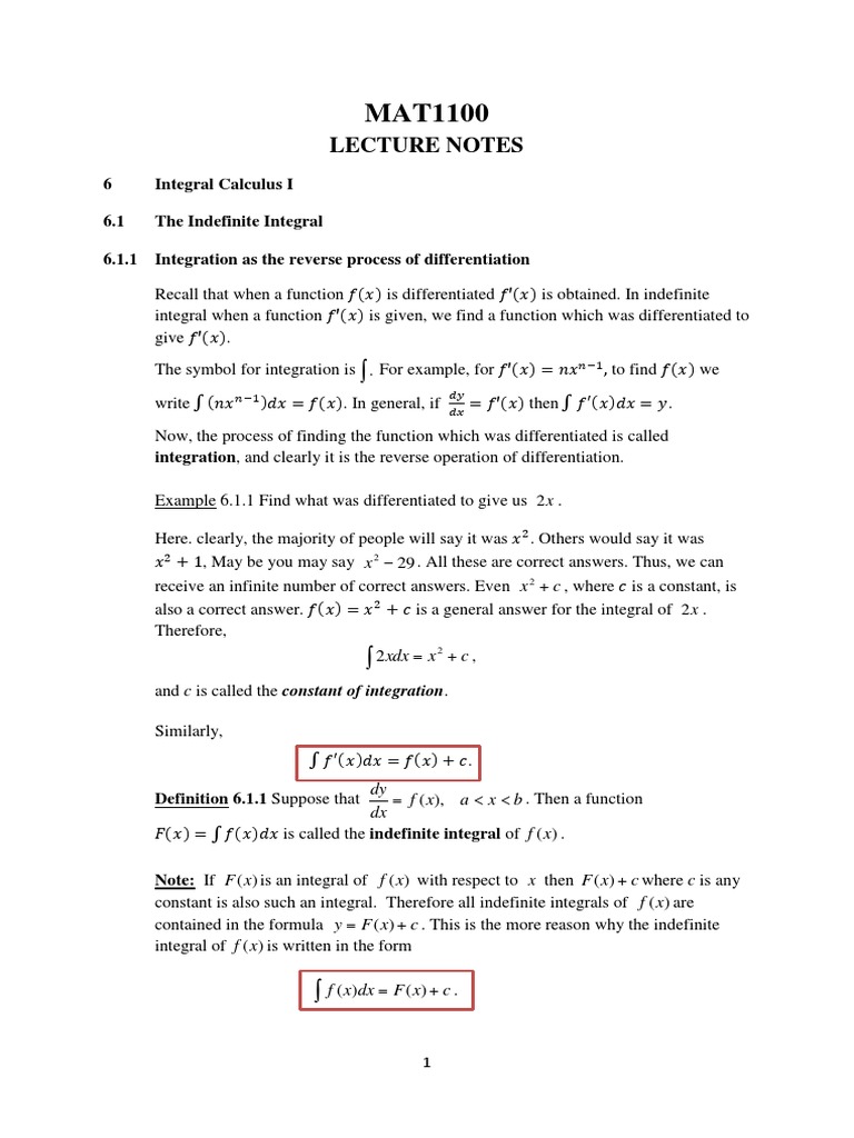 MAT1100 Integral Calculus I - 2020 | PDF | Integral | Derivative
