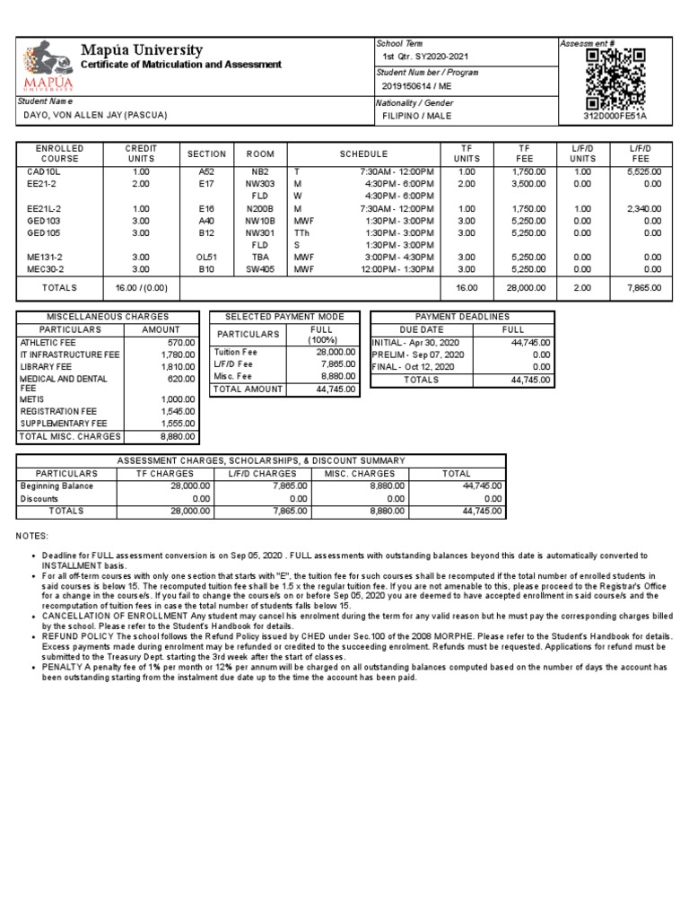 Mapúa University: Certificate of Matriculation and Assessment | PDF ...