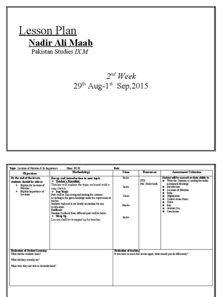 Lesson Plan: Nadir Ali Maab | PDF | Lesson Plan | Educational Assessment