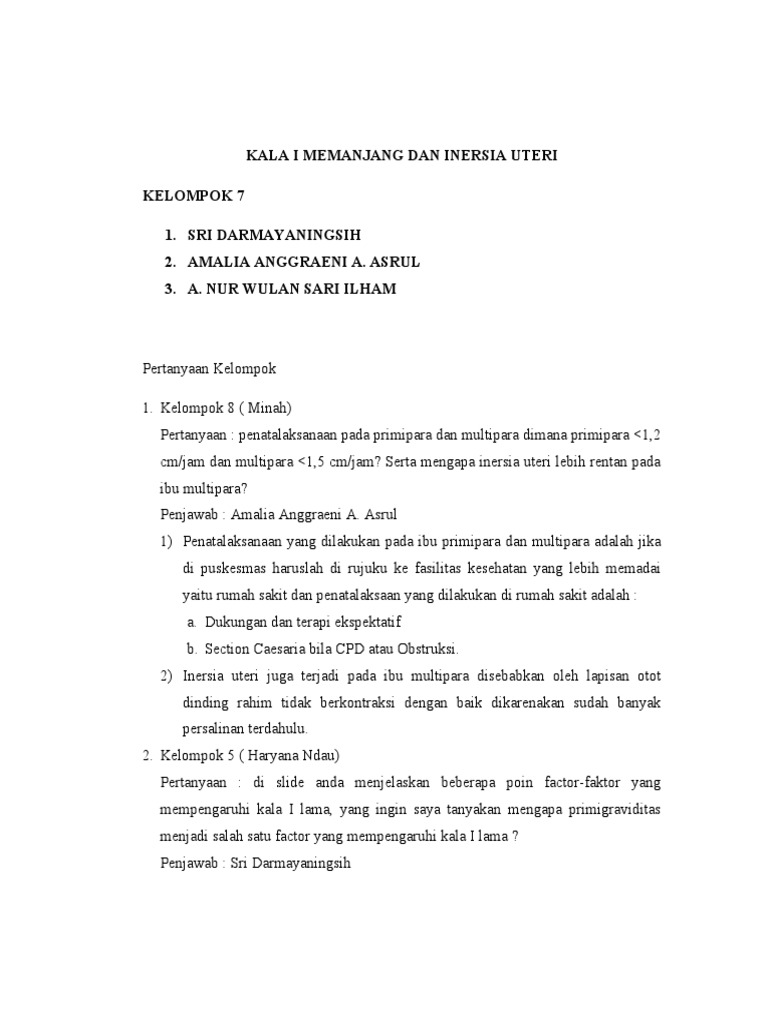 Kelompok 7 Kala I Memanjang Dan Inersia Uteri | PDF