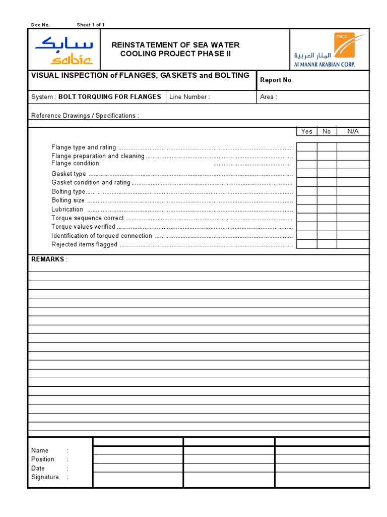 Visual Inspection Checklist For Flanges, Gaskets and Bolting ...