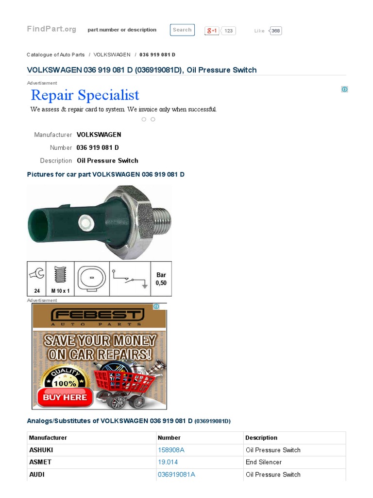 Car Part VOLKSWAGEN 036 919 081 D (036919081D), Oil Pressure Switch ...