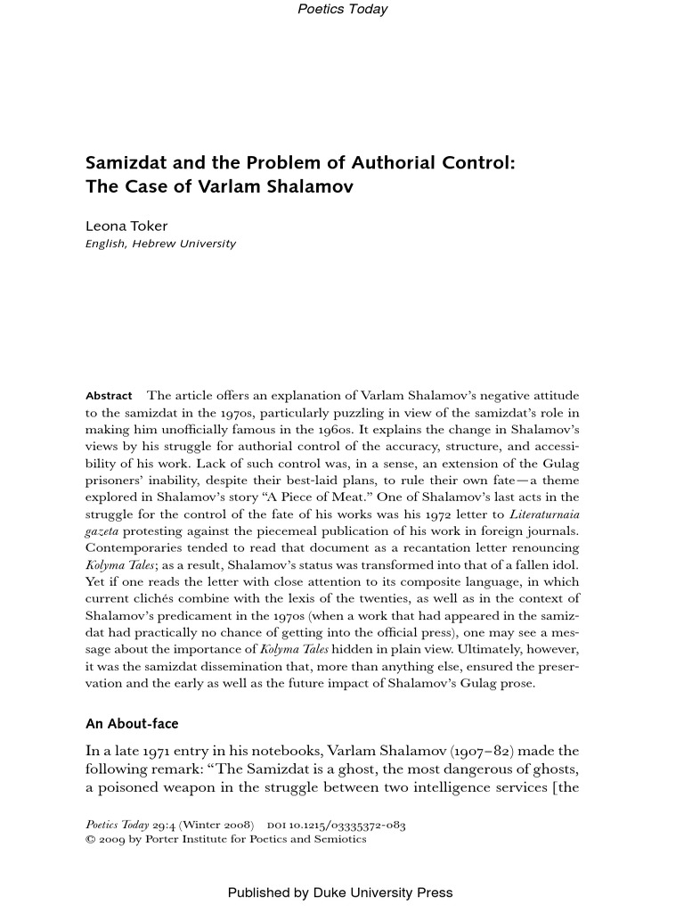 TOKER, Leona - Samizdat and The Problem of Authorial Control. The Case ...