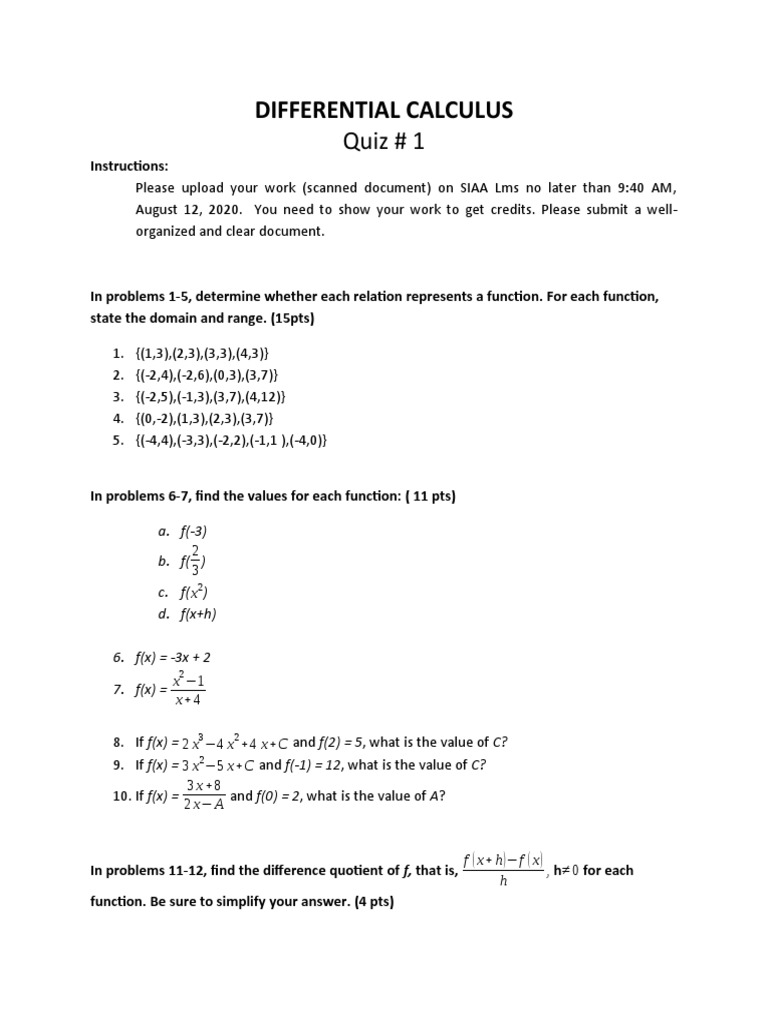 Differential Calculus: Quiz # 1 | PDF