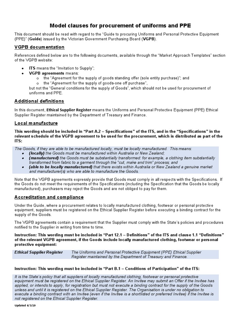 Model Clauses For Procurement of Uniforms and PPE: VGPB Documentation ...
