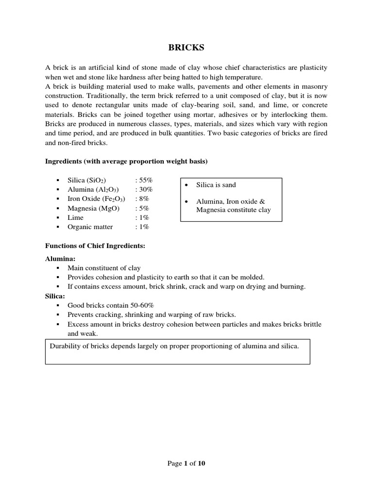 Bricks: Ingredients (With Average Proportion Weight Basis) | PDF | Lime ...