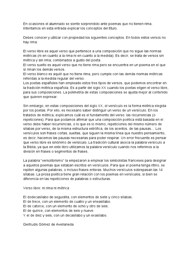 Tipos de Versos: Libre, Suelto y Blanco | PDF | Metro (poesía) | Poesía
