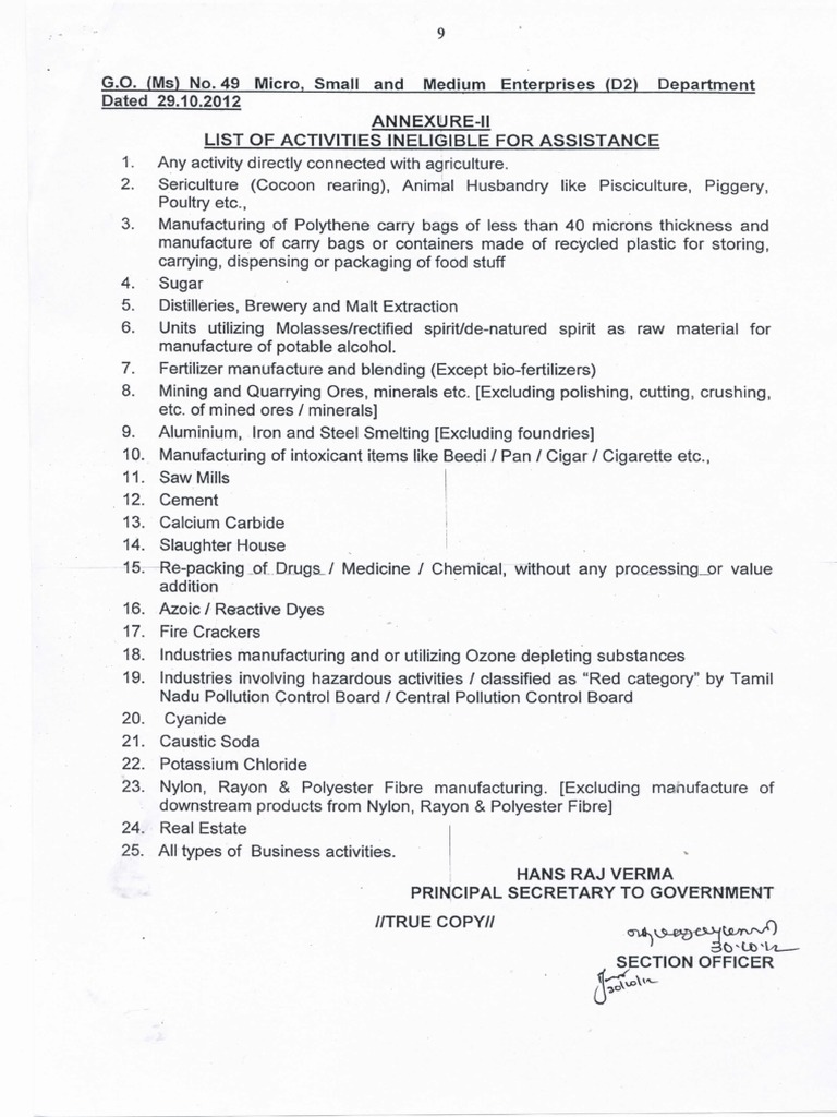 Ineligible Activities for MSME Assistance | PDF