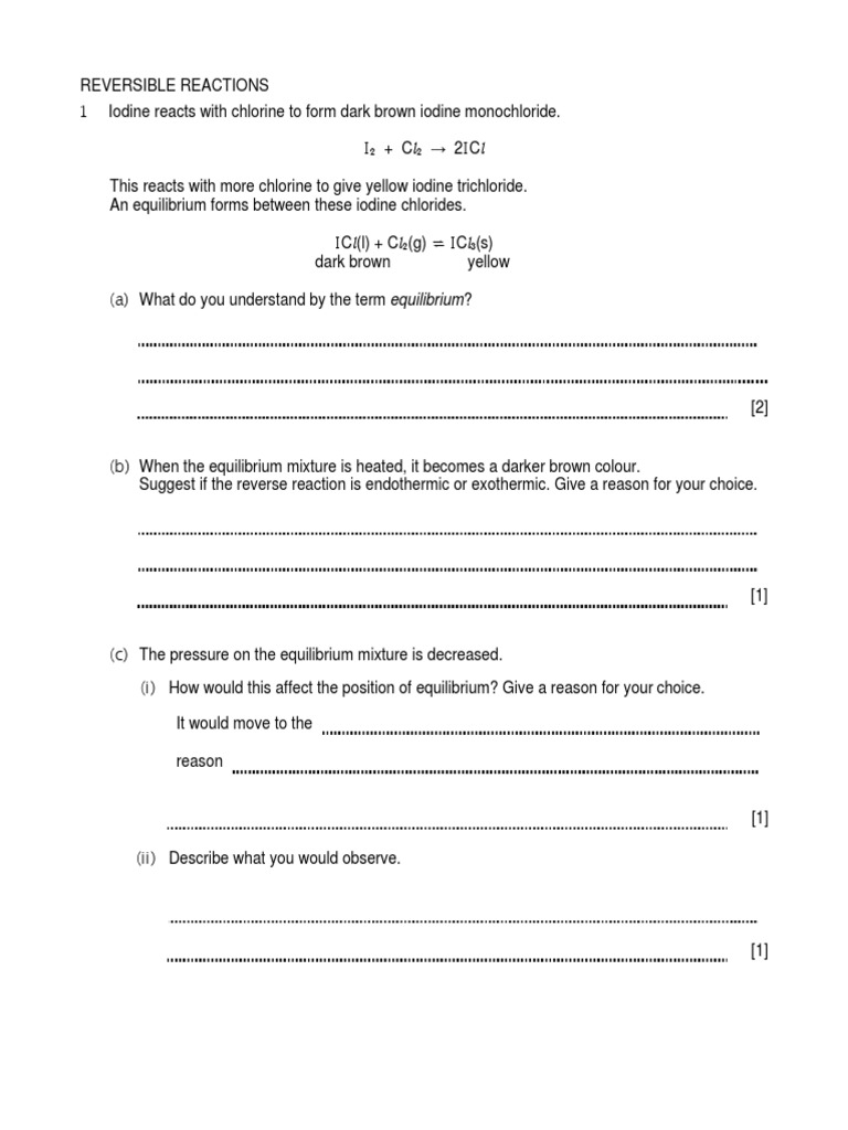 Reversible Reactions Worksheet | PDF | Chemical Equilibrium | Chlorine