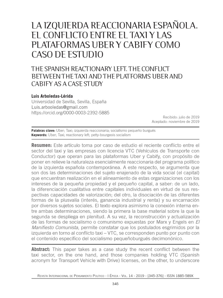 La Izquierda Reaccionaria Española. El Conflicto Entre El Taxi y Las Plataformas Uber y Cabify ...