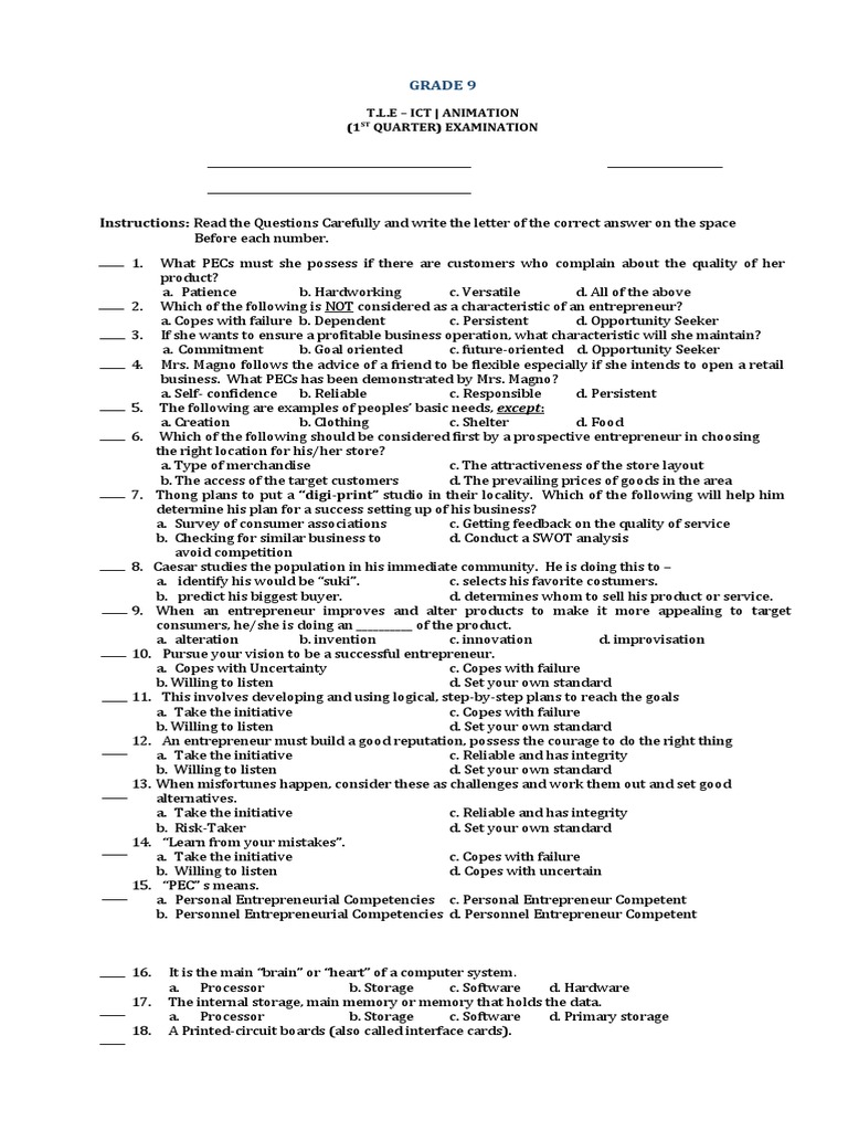 1ST Q - G9 Ani-Exam | PDF | Personal Computers | Laptop