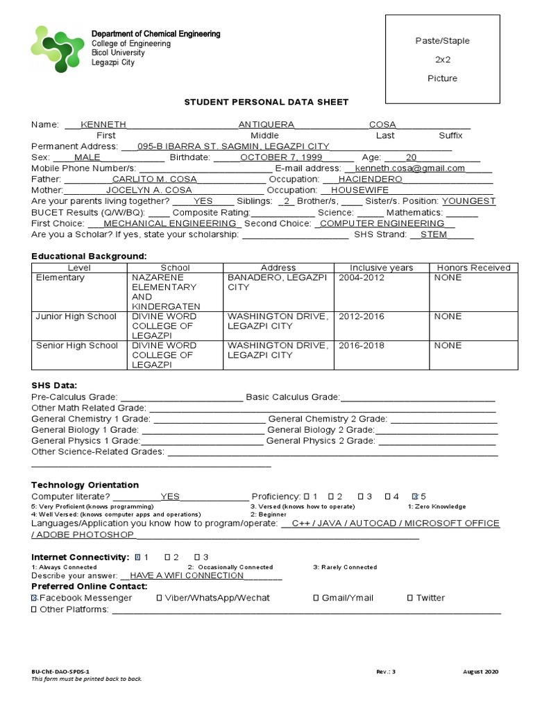 STUDENT PERSONAL DATA SHEET Rev 3 | PDF | Communication | Computing