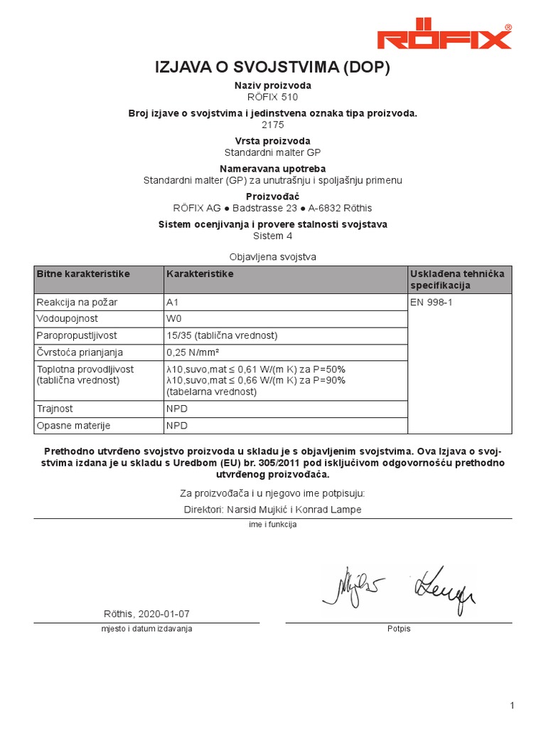 DOP - ROeFIX - 510 - Krečno - Cementni - Osnovni - Malter - SR - Izjava o Svojstvima | PDF