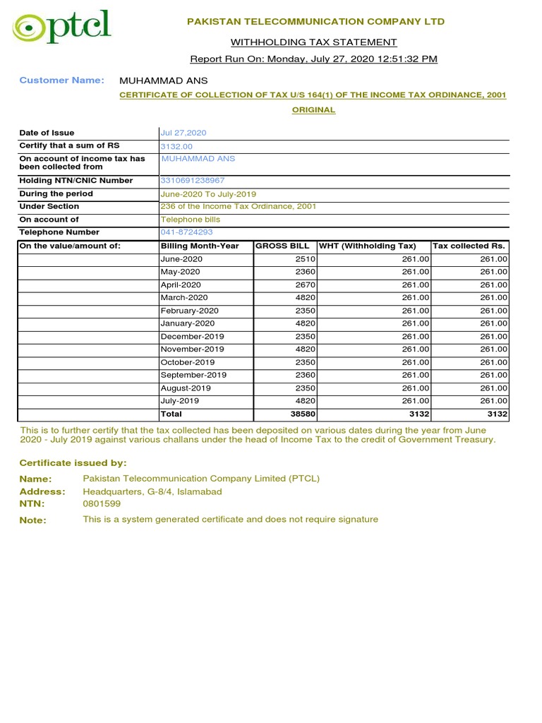 Withholding Tax Statement Report Run On: Monday, July 27, 2020 12:51:32 ...