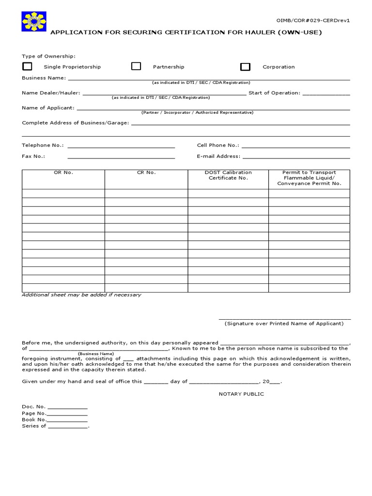 Application For Securing Certification For Hauler (Own-Use) : (As ...