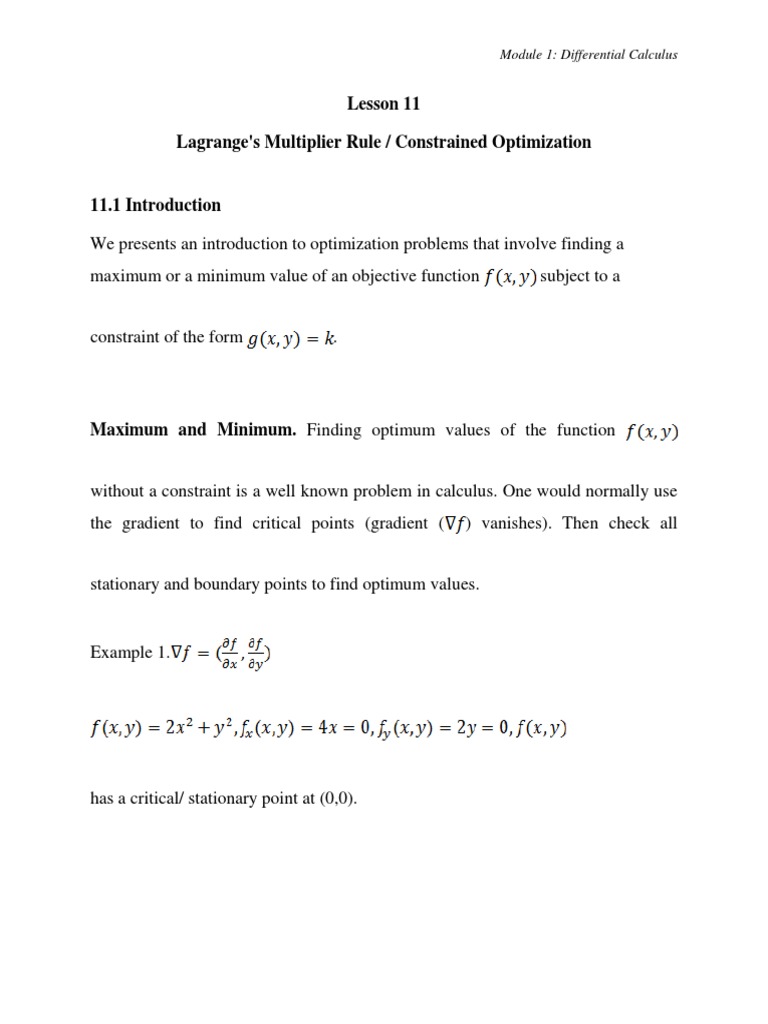Lesson 11 Lagrange's Multiplier Rule / Constrained Optimization | PDF | Mathematical ...