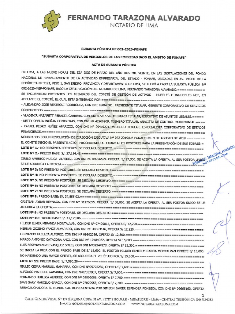 Acta de Subasta Publica Vehiculos PDF | PDF
