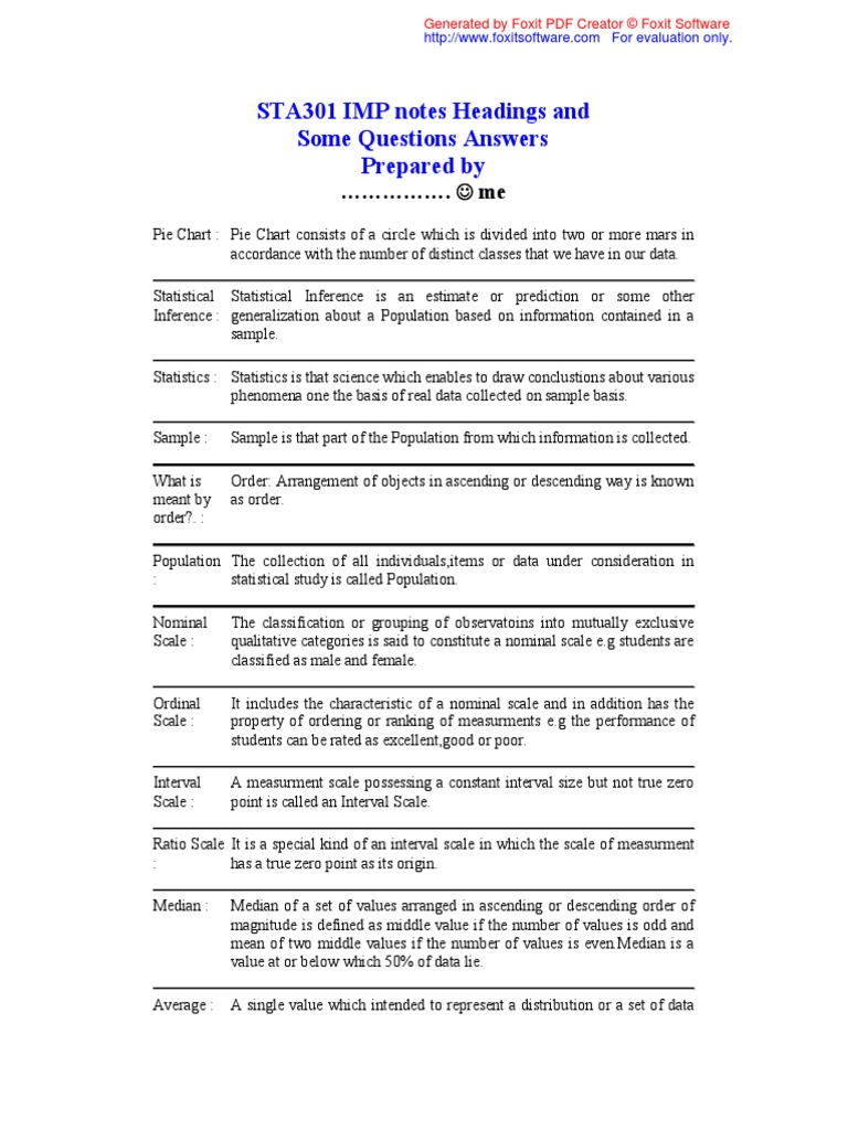 STA301 IMP Notes Headings and Some Questions Answers Prepared by | PDF ...