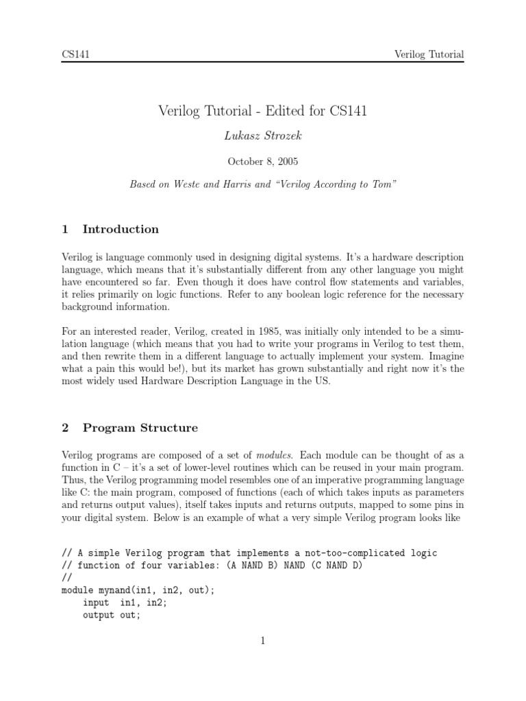Verilog Tutorial - Edited For CS141: Lukasz Strozek | PDF | Hardware Description Language | C ...