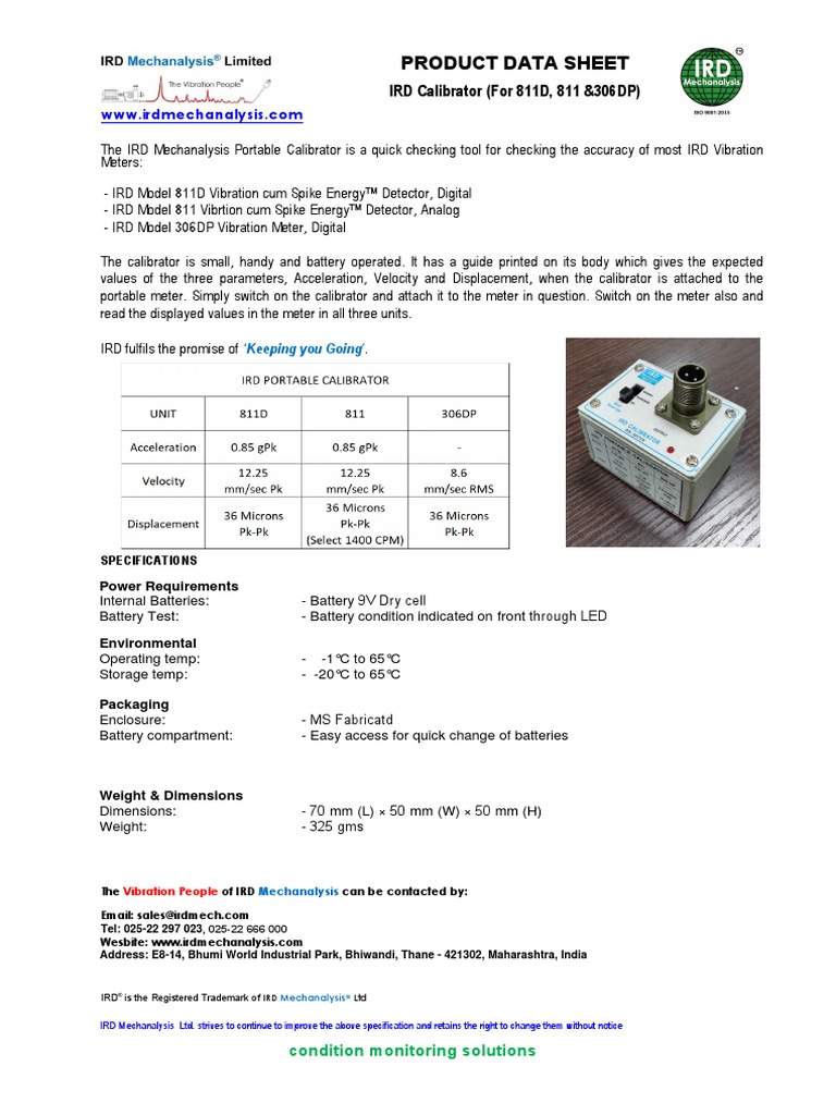 Product Data Sheet: IRD Calibrator (For 811D, 811 &306DP) | PDF